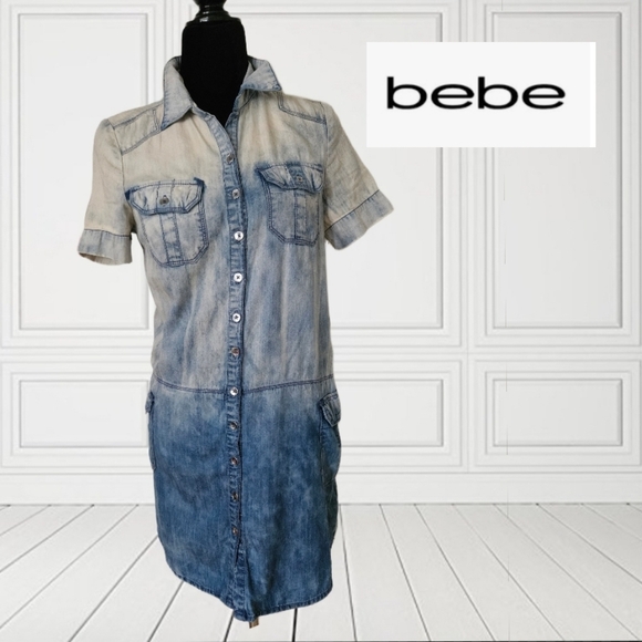 bebe | Dresses | Bebe Shortsleeve Ombre Blue Denim Shirt Dress Chest ...